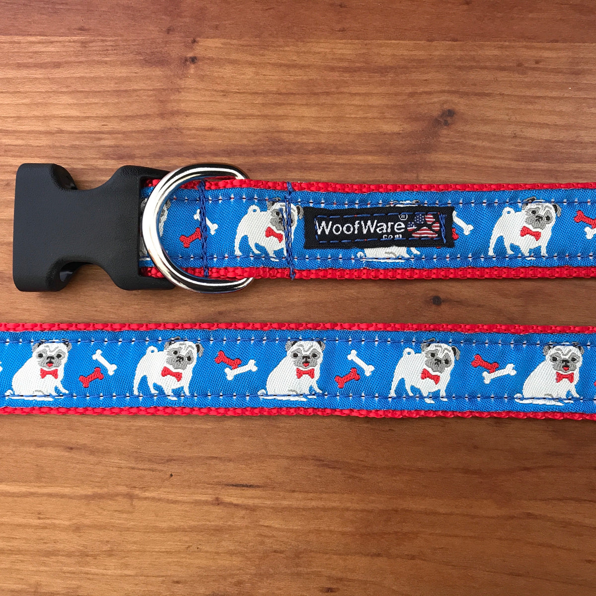 Pugs! on Blue | Handmade Dog Collar – WoofWare